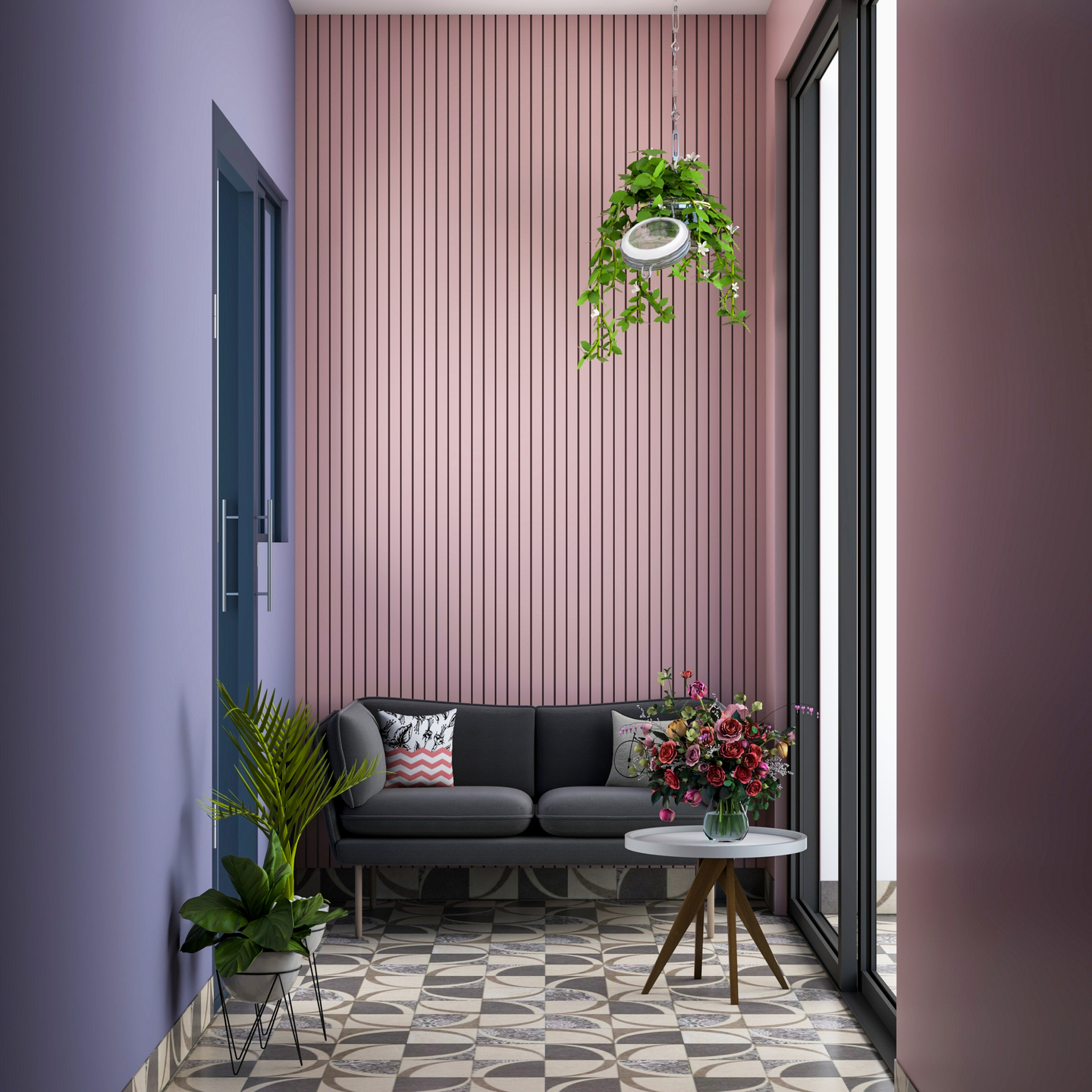 Modern And Compact Blue-Pink Toned Balcony Design Ideas | Livspace