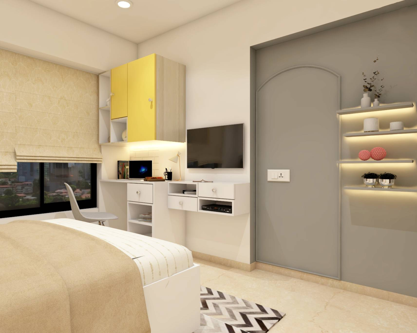 Spacious Modern Style Master Bedroom Design With Yellow Decor | Livspace Spacious Modern Style Master Bedroom Design With Yellow Decor | Livspace