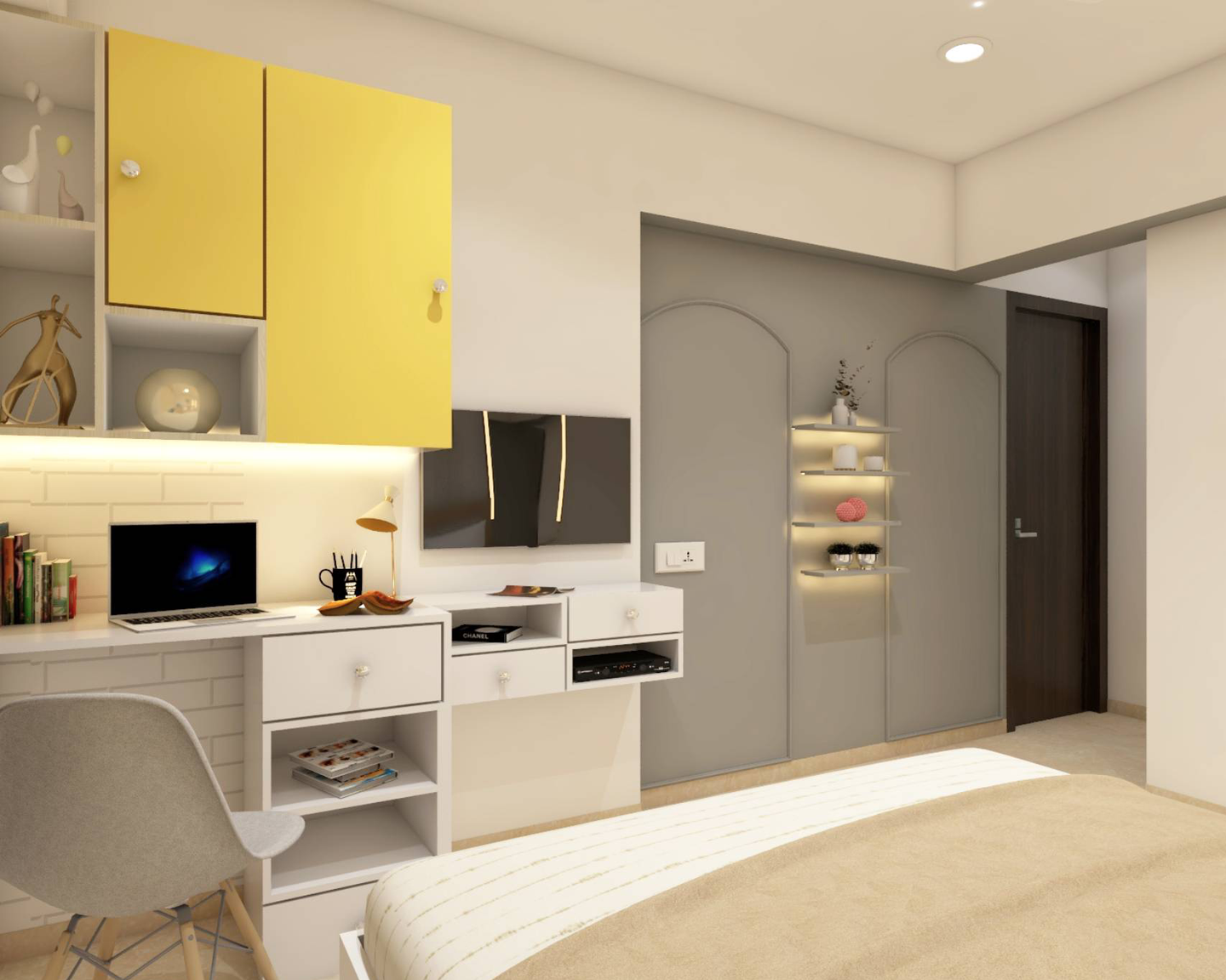 Spacious Modern Style Master Bedroom Design With Yellow Decor | Livspace Spacious Modern Style Master Bedroom Design With Yellow Decor | Livspace