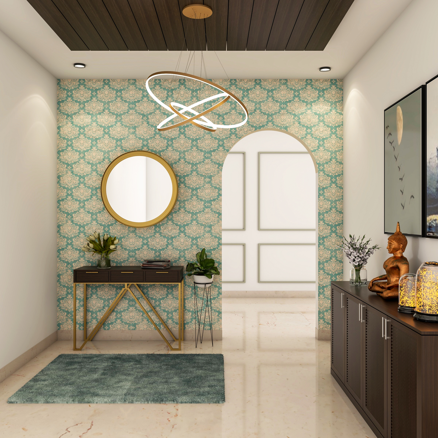 Spacious Foyer Design With Circular Mirror And Blue Patterned Wallpaper ...