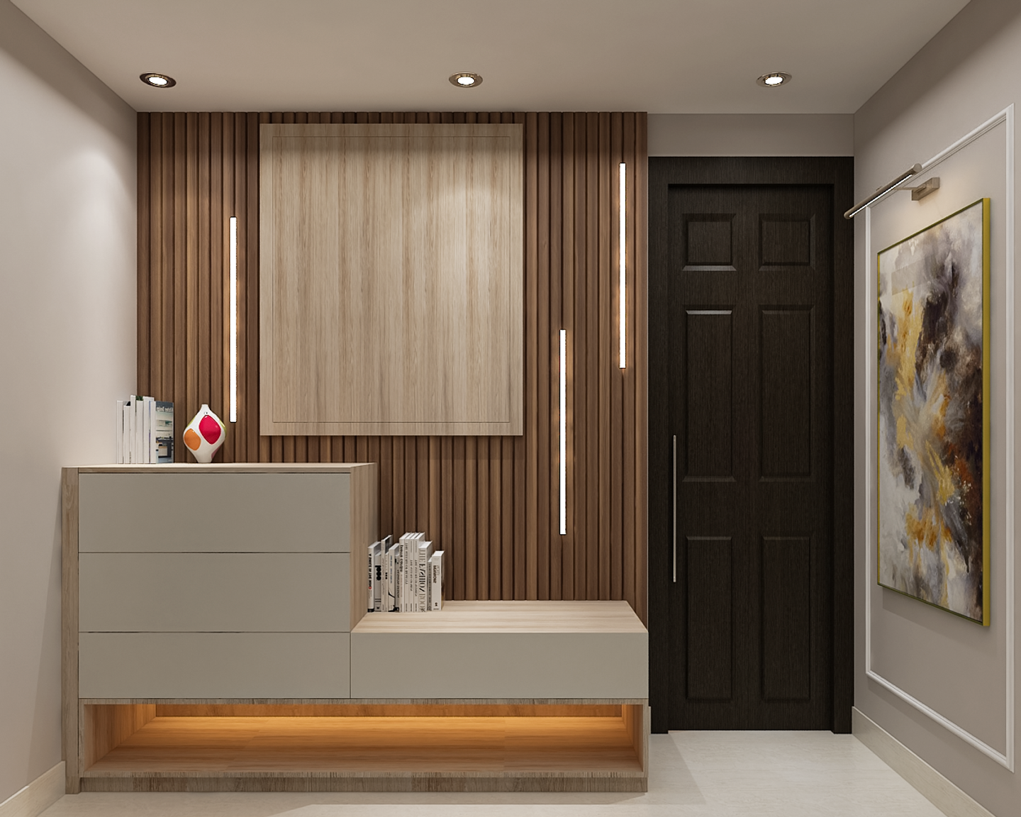 Contemporary Foyer Design With Wooden Paneling And Strip Lights | Livspace