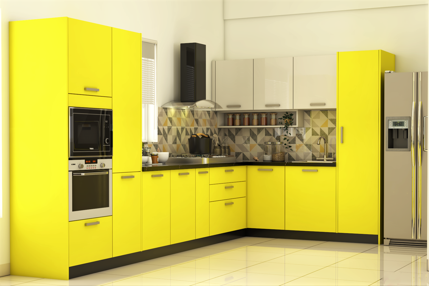 L-Shaped Yellow Kitchen With Ample Storage And In-Built Appliances ...