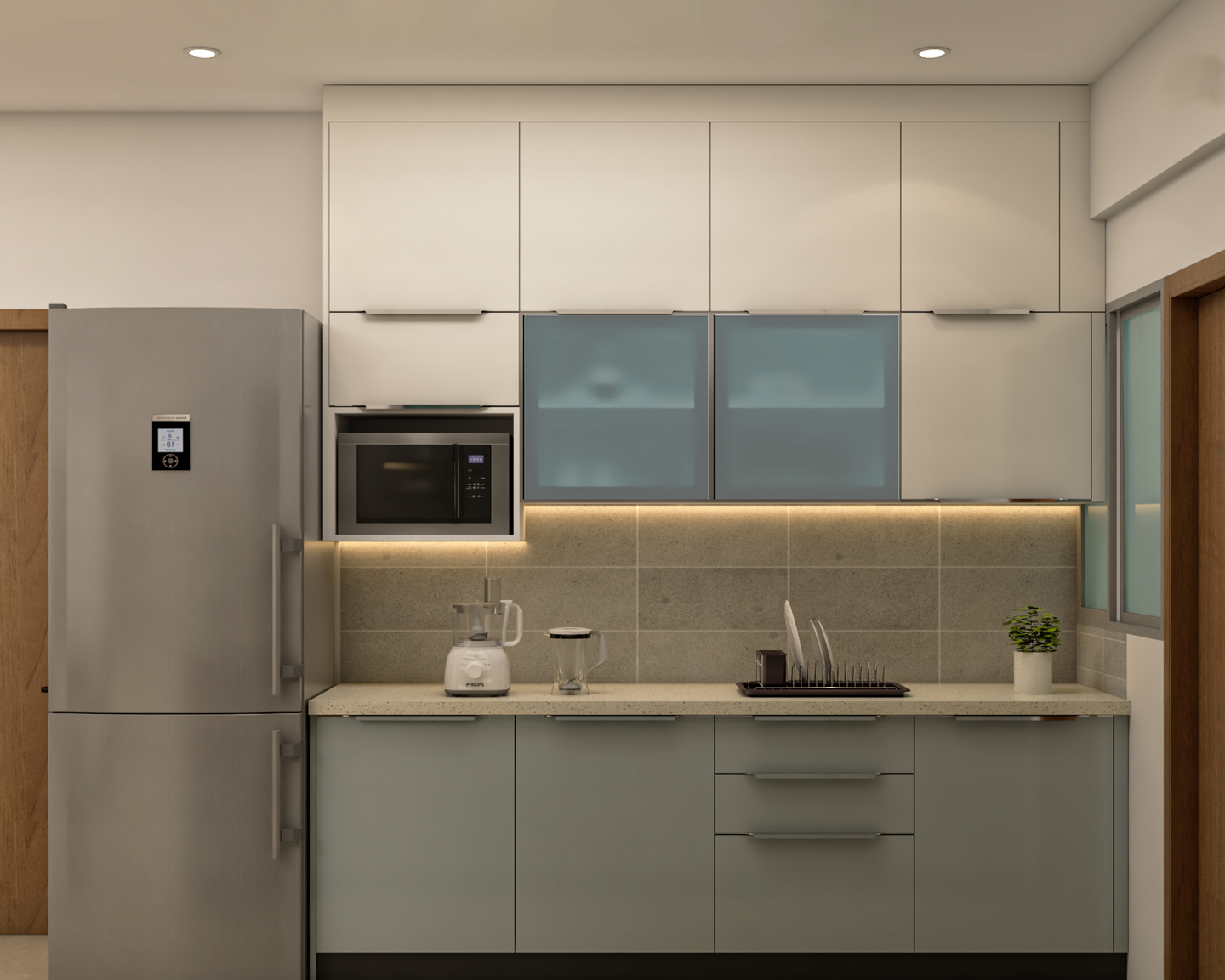 Grey And White Modern Spacious Kitchen Design | Livspace