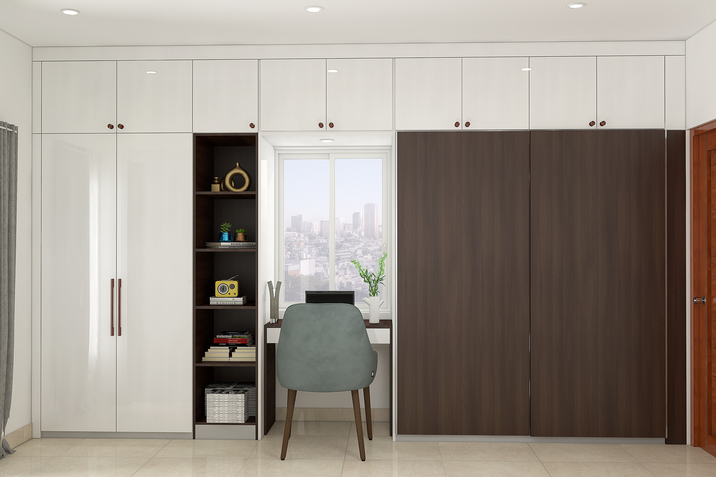 Dark And White Oak Spacious Wardrobe Design With Loft | Livspace