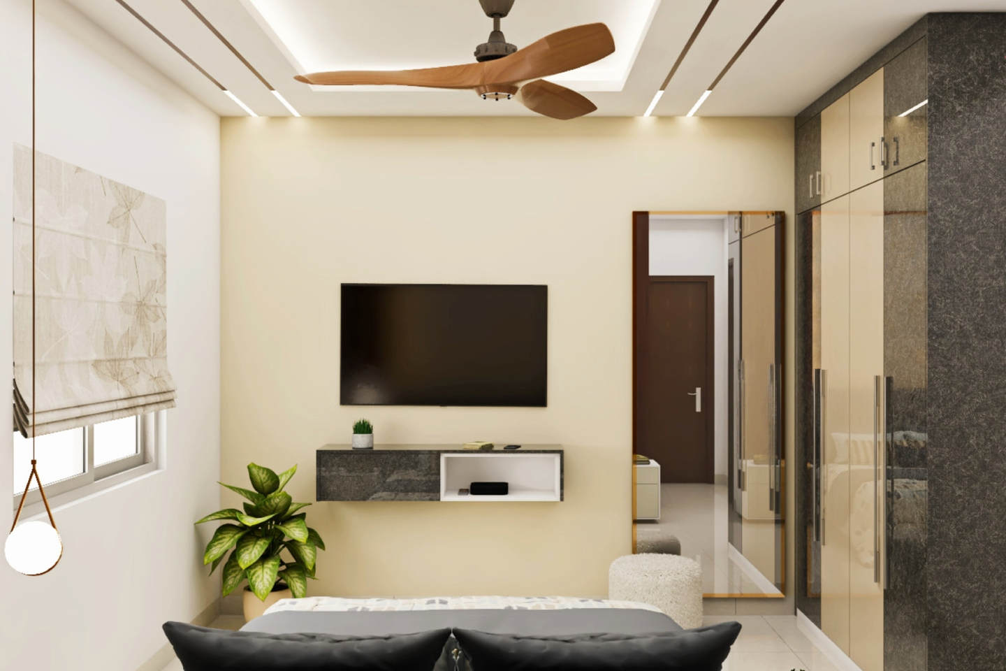 Guest Bedroom Design With Wooden Wall Panelling And A Beige Wallpaper ...