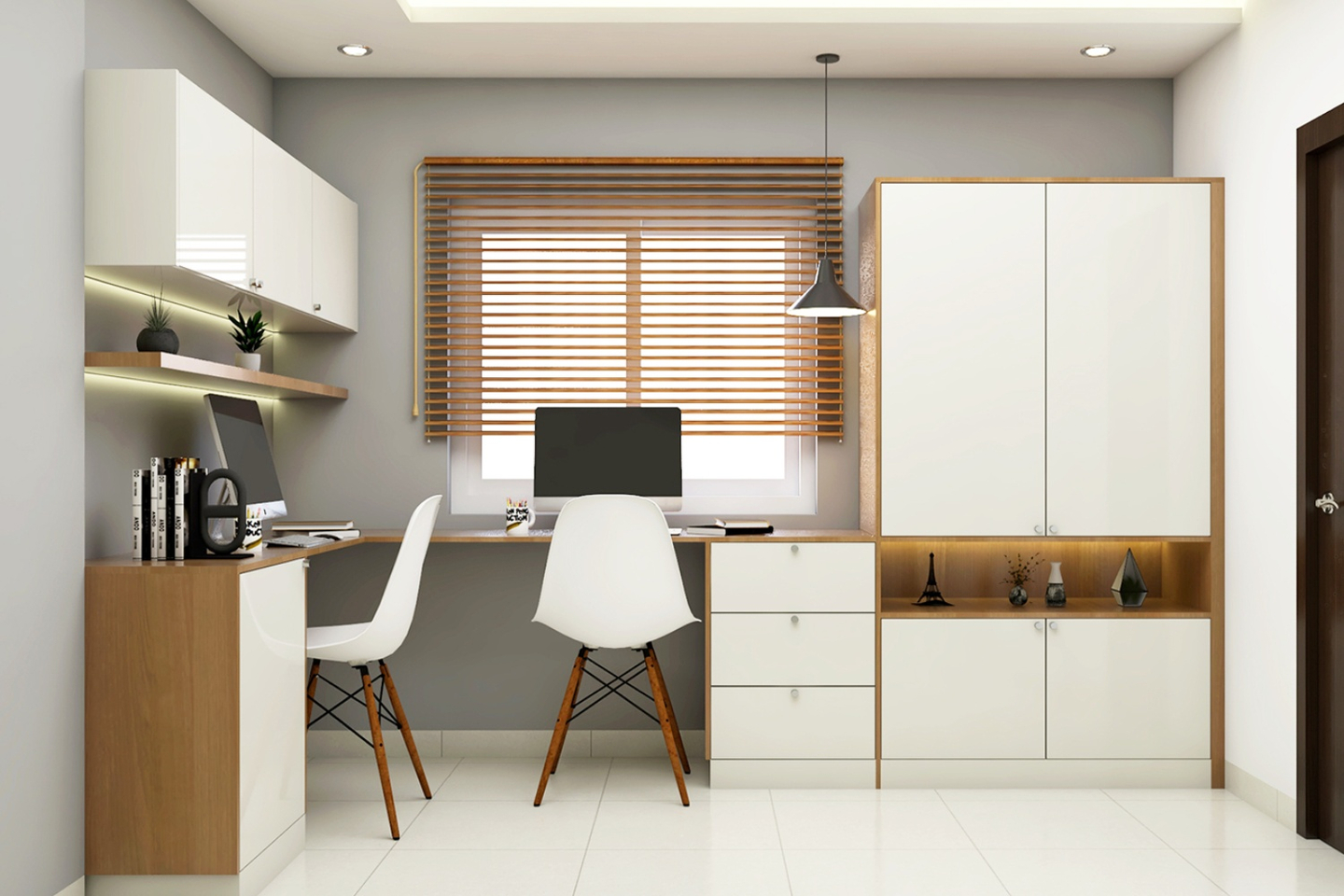 Spacious Brown And White Study Room Design For Two | Livspace