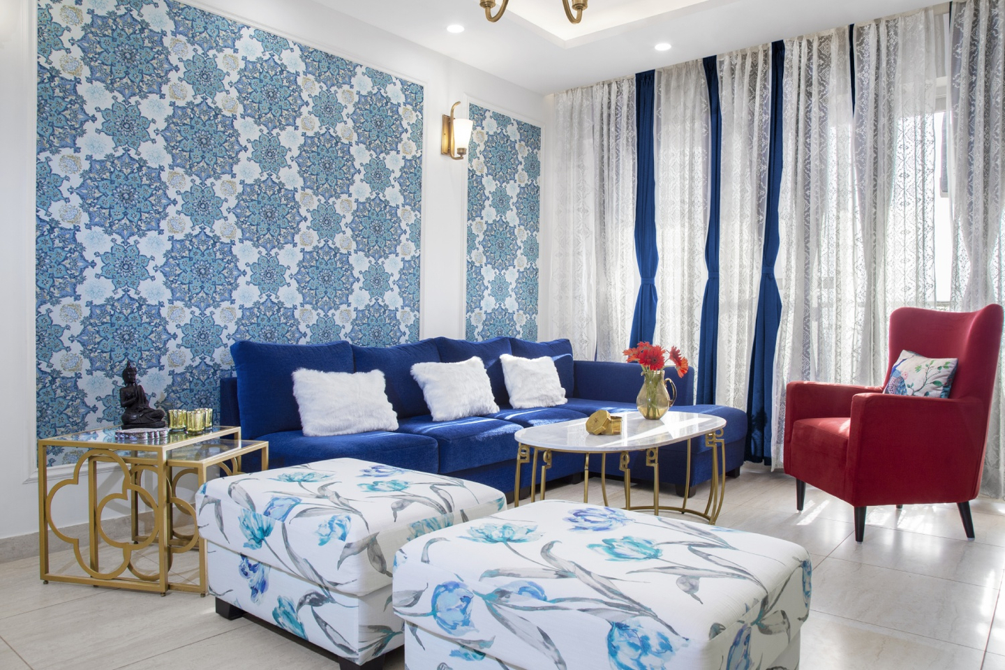 Dark And Light Blue Patterned Wallpaper Design | Livspace