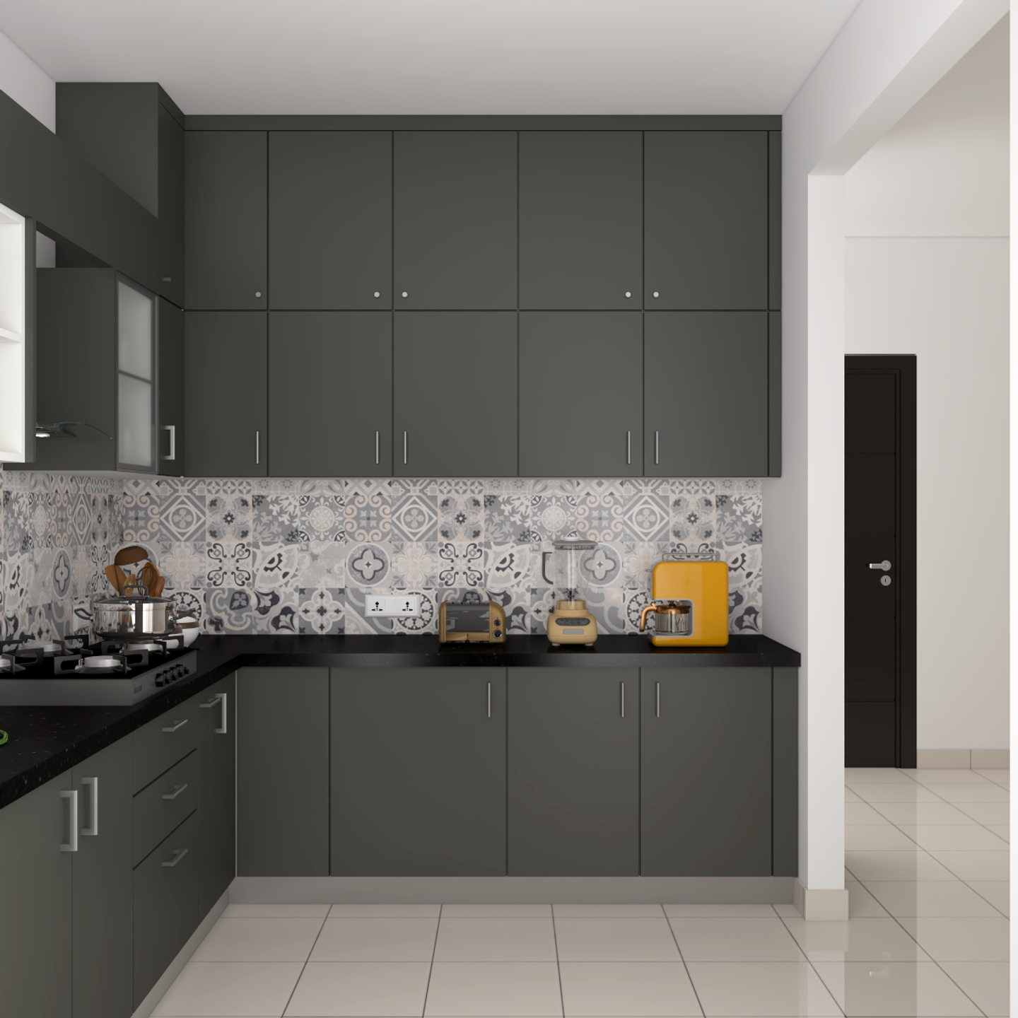 Contemporary Kitchen with Moroccan backsplash and Dark Grey Laminates ...