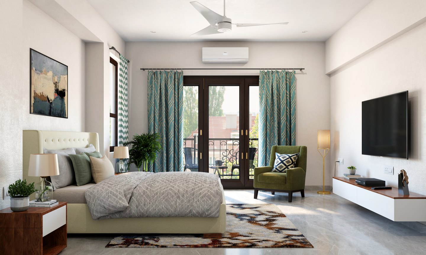 Spacious Ivory Master Bedroom Design With TV Unit | Livspace