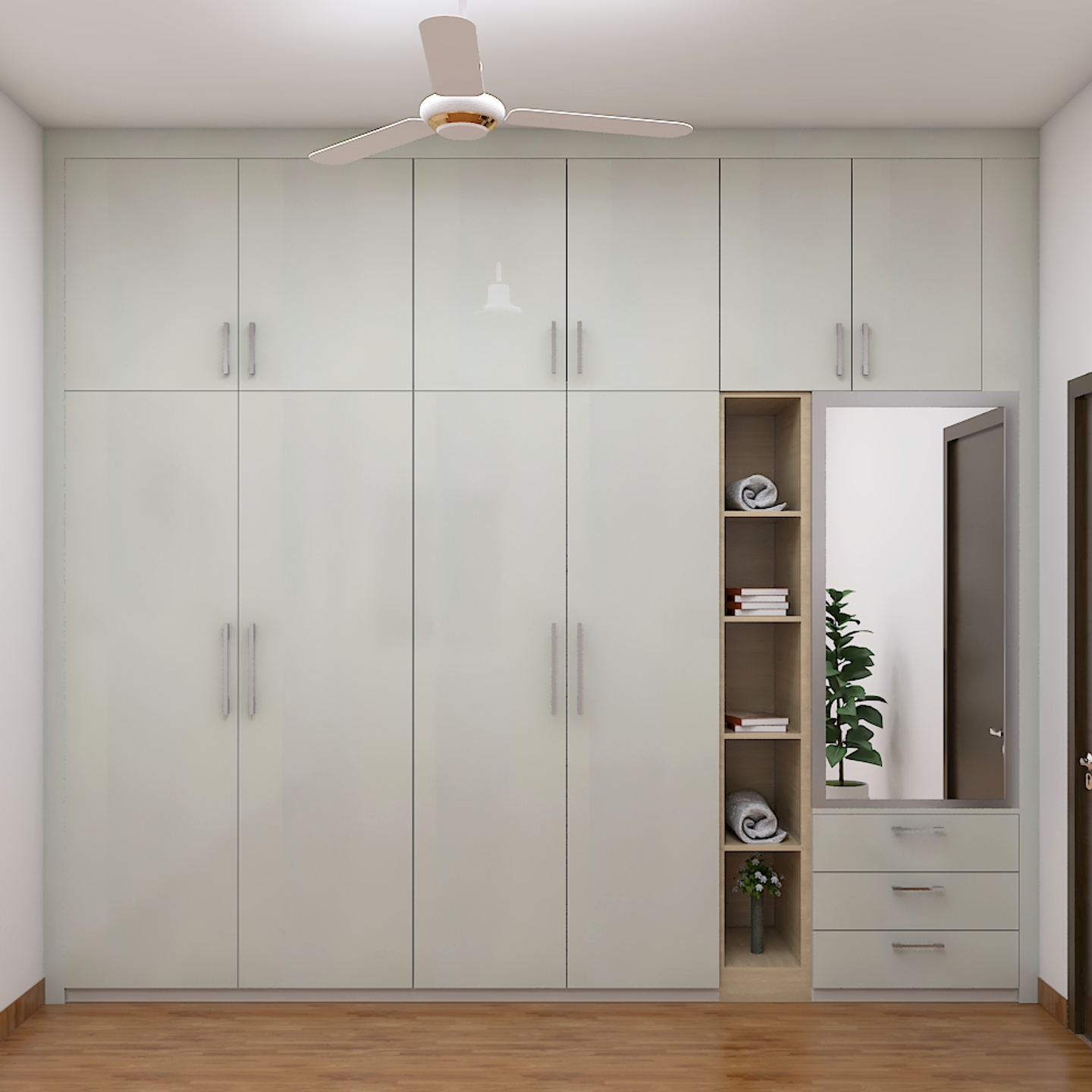 Glossy Wardrobe Design with Attached Mirror and Open Storage | Livspace