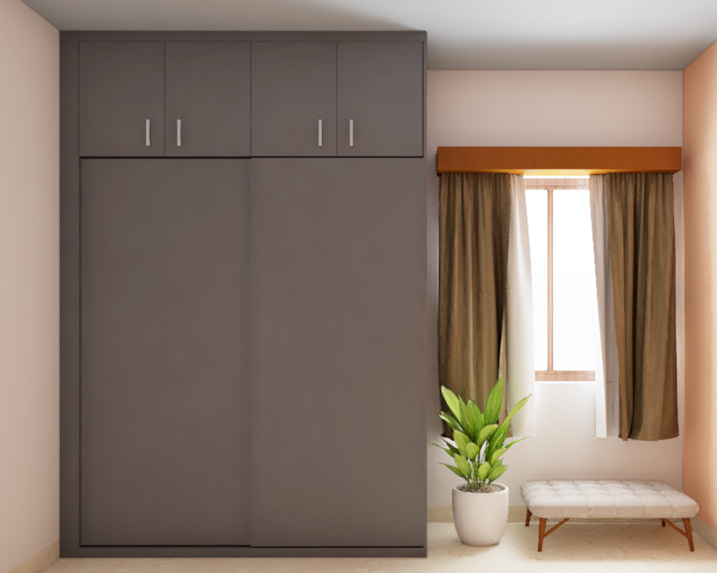 Dark Grey Wardrobe with Handleless Design and Seater | Livspace