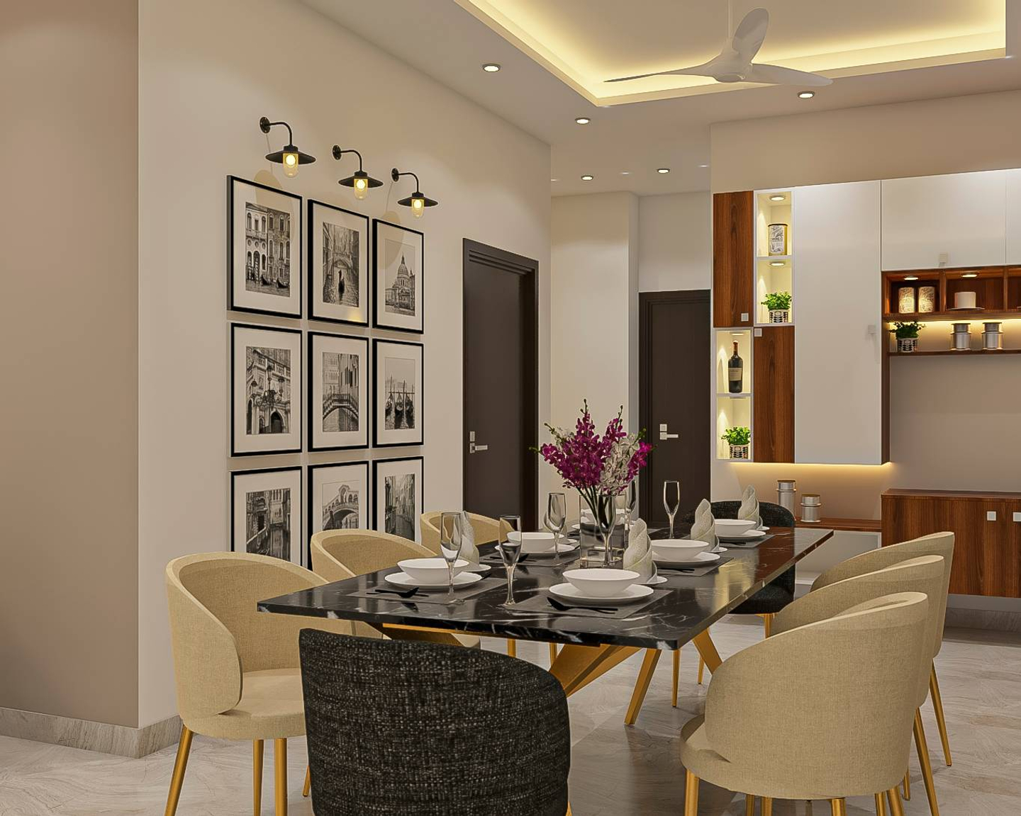 Spacious Dining Room Design With Black Marble Table Top | Livspace
