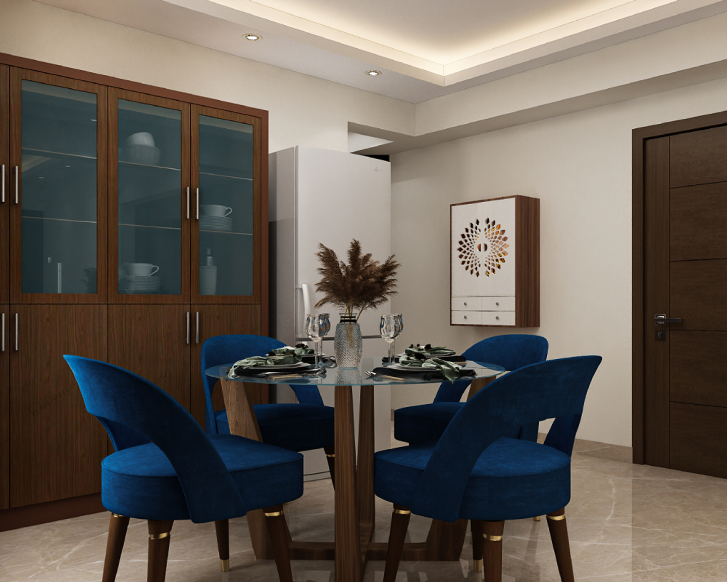 Compact 4-Seater Dining Room Design With Wooden Crockery Unit | Livspace