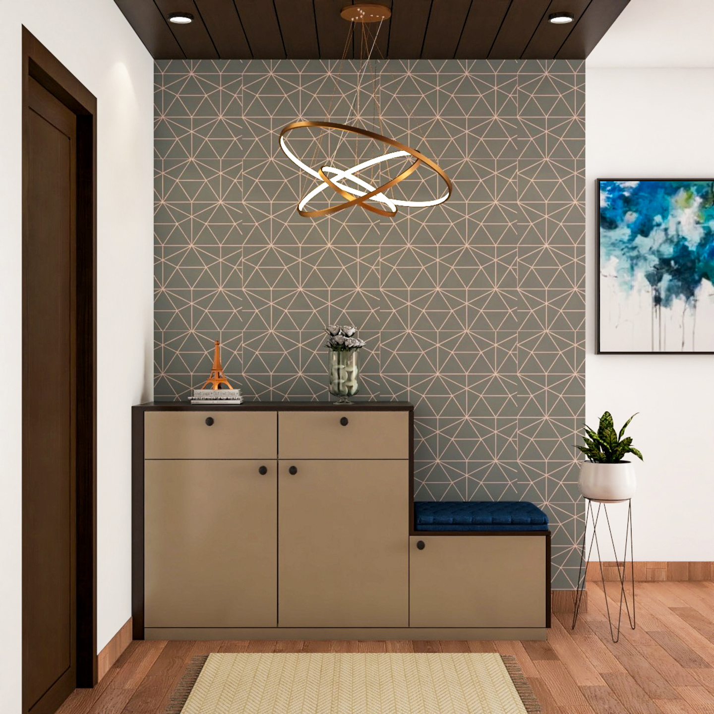 Modern Foyer Design With Wooden Ceiling And Two-Step Storage | Livspace