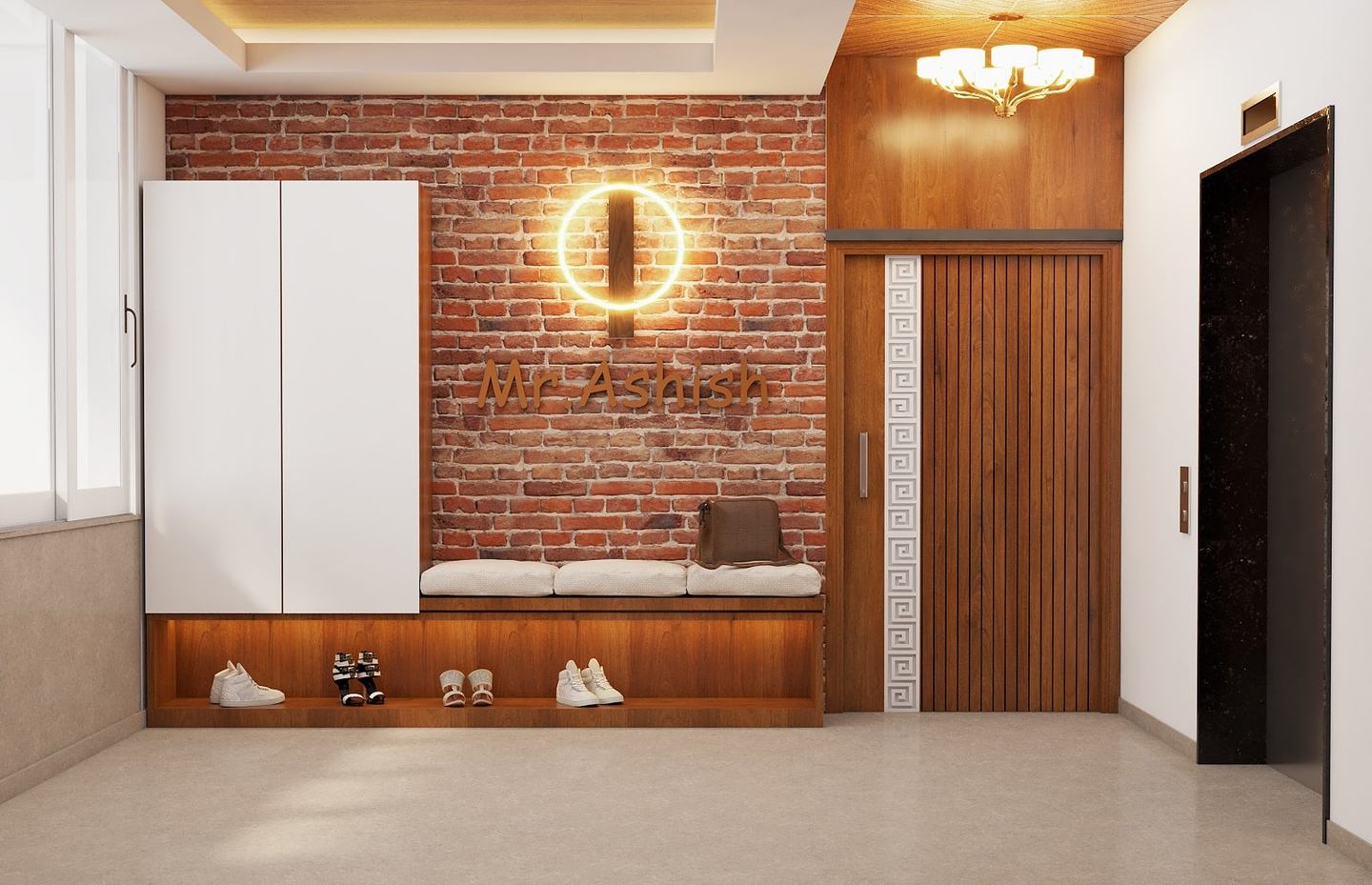 Rustic Foyer Design With Red Brick Wall And White Storage Unit | Livspace