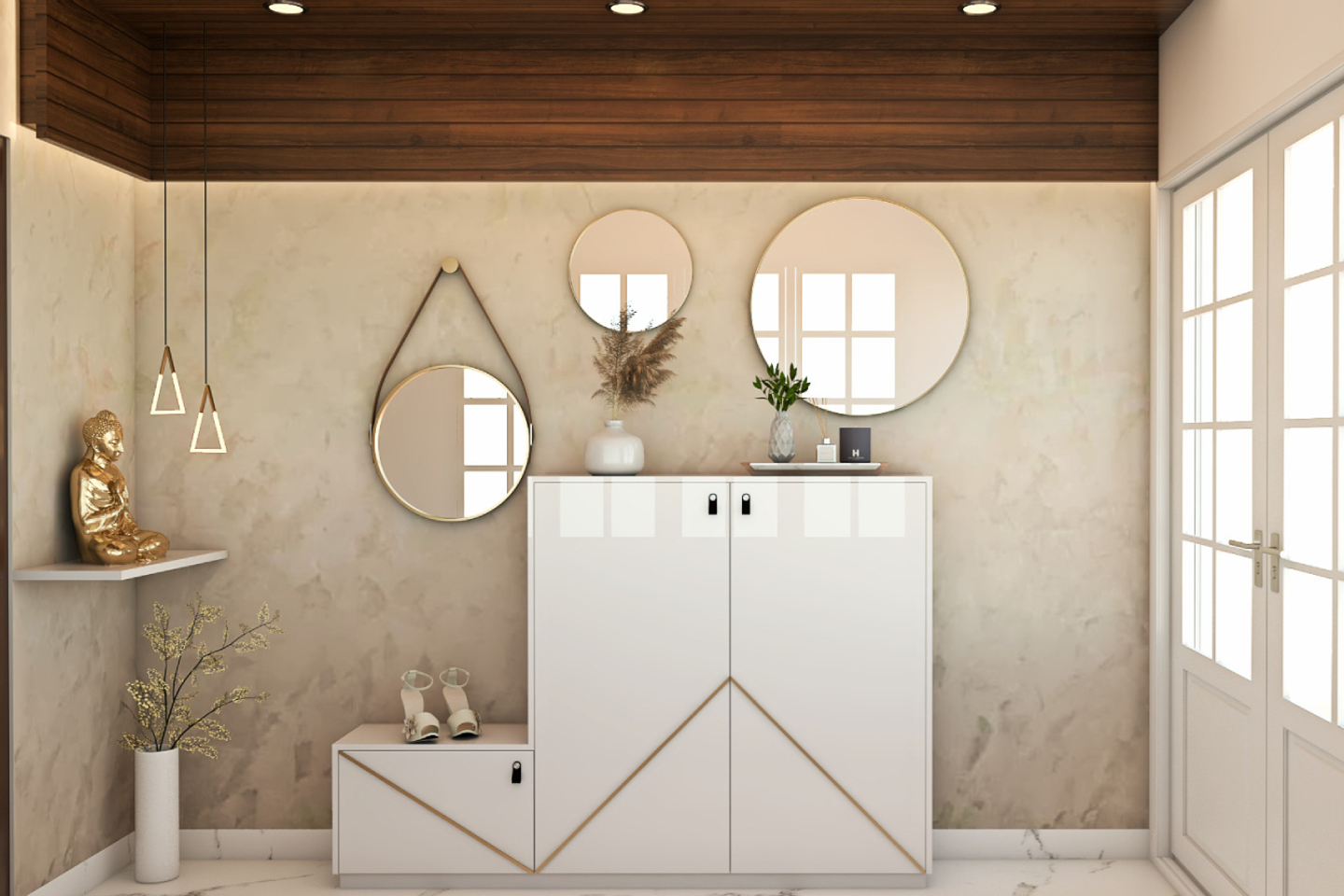 Compact Foyer Design With Overhead Wooden Panels And Mirror Decor ...