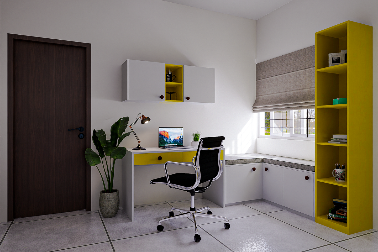 Compact Modern White And Yellow Home Office Design | Livspace