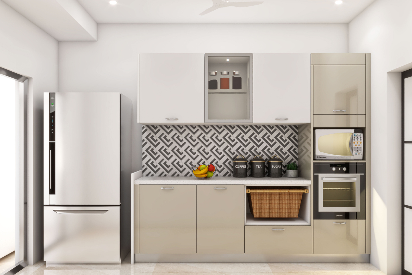 Modern Compact Kitchen Design Idea With Patterned Tiles | Livspace