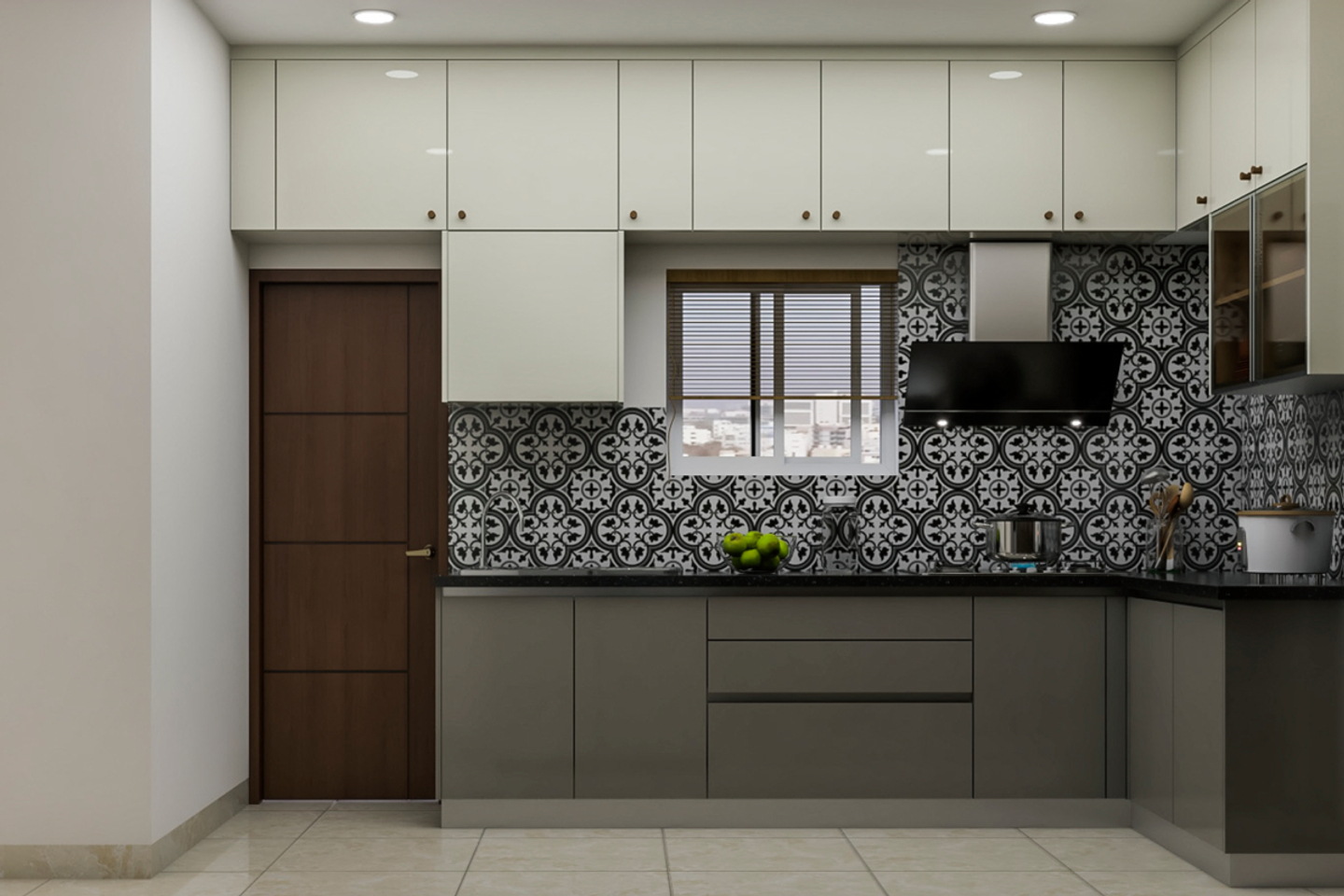 Modern L-Shaped Kitchen Design With Glass Shutters | Livspace