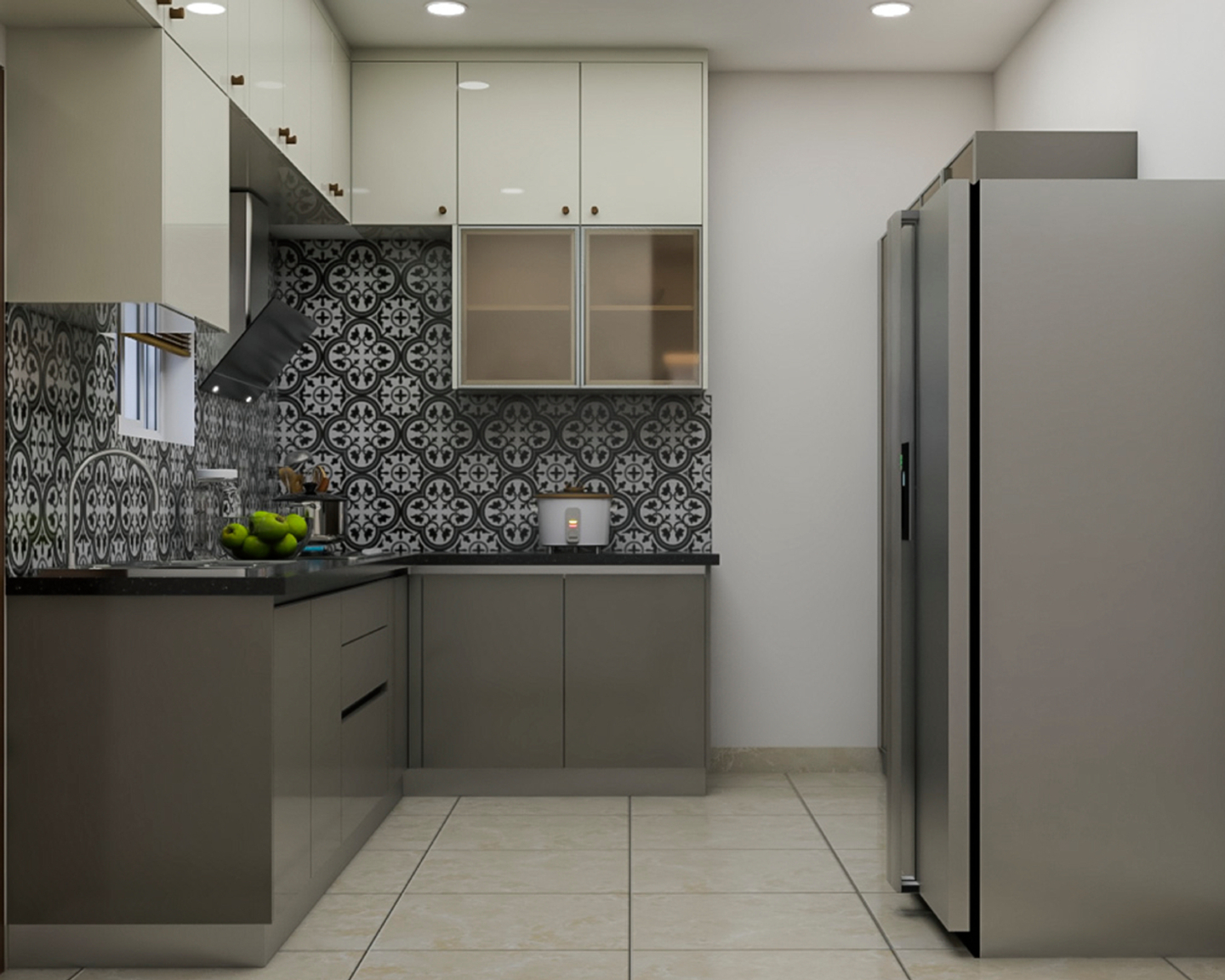 Modern L-Shaped Kitchen Design With Glass Shutters | Livspace