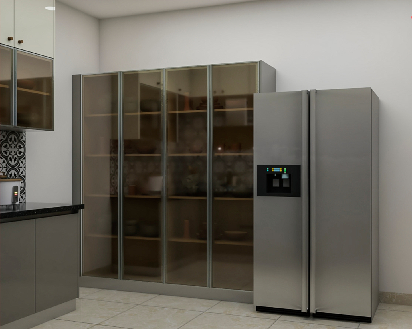 Modern L-Shaped Kitchen Design With Glass Shutters | Livspace