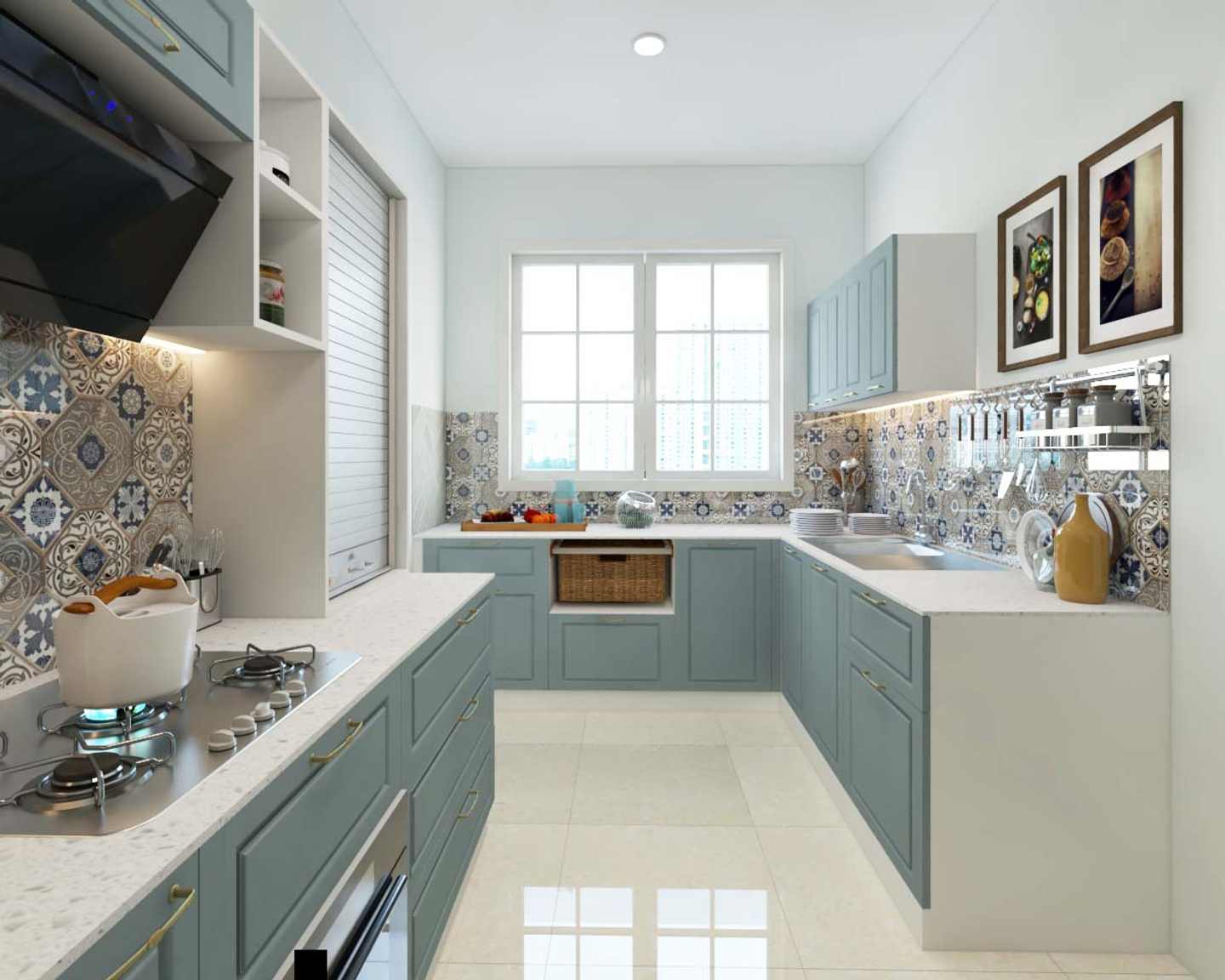 Light Blue Kitchen Design With Brass Handles | Livspace
