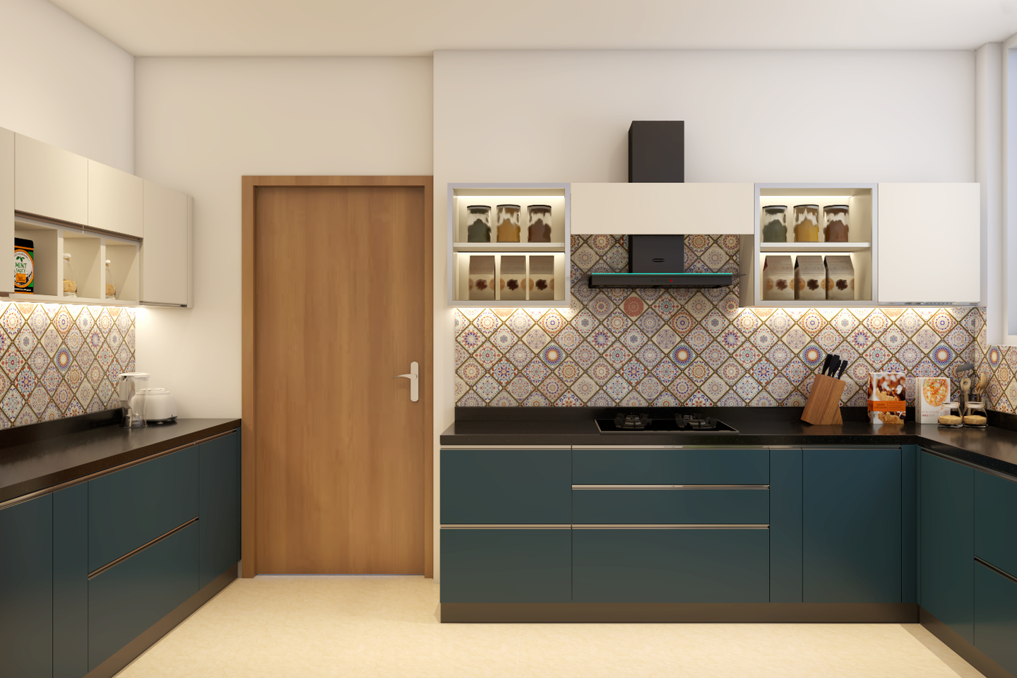 Spacious Kitchen Design In Dark Blue And White | Livspace