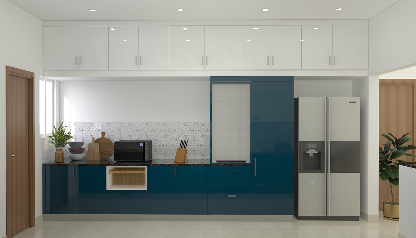 Contemporary Kitchen Design With Blue And White Cabinets | Livspace