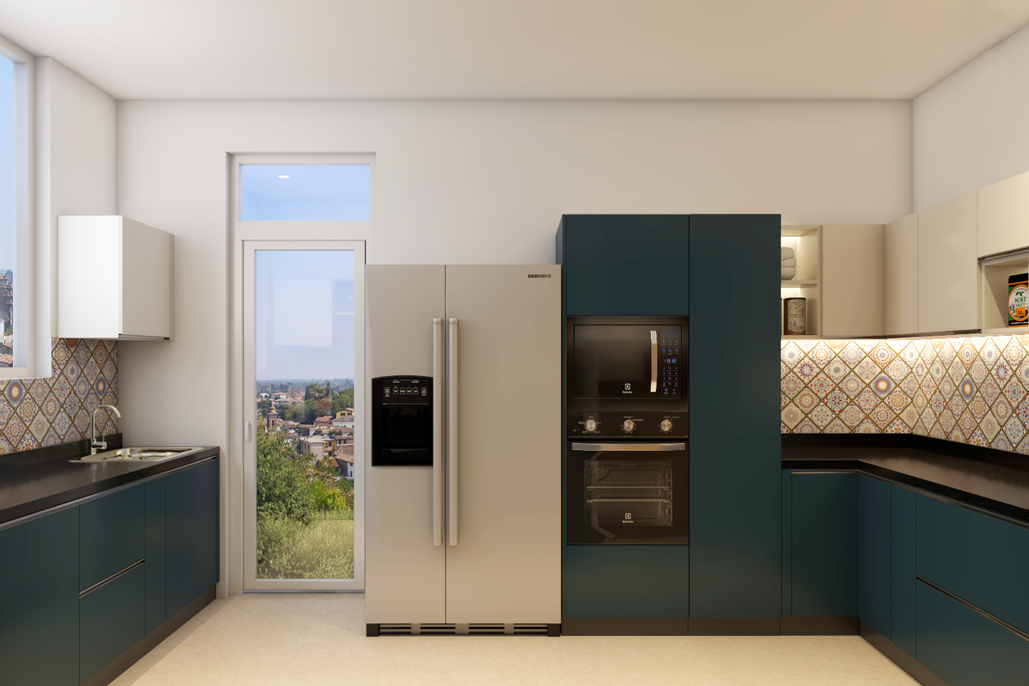 Spacious Kitchen Design In Dark Blue And White | Livspace