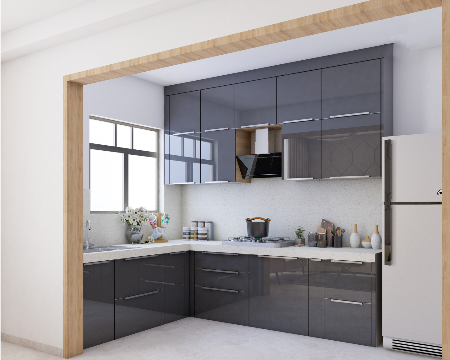 Contemporary Kitchen Design With Glossy Acrylic Cabinets | Livspace