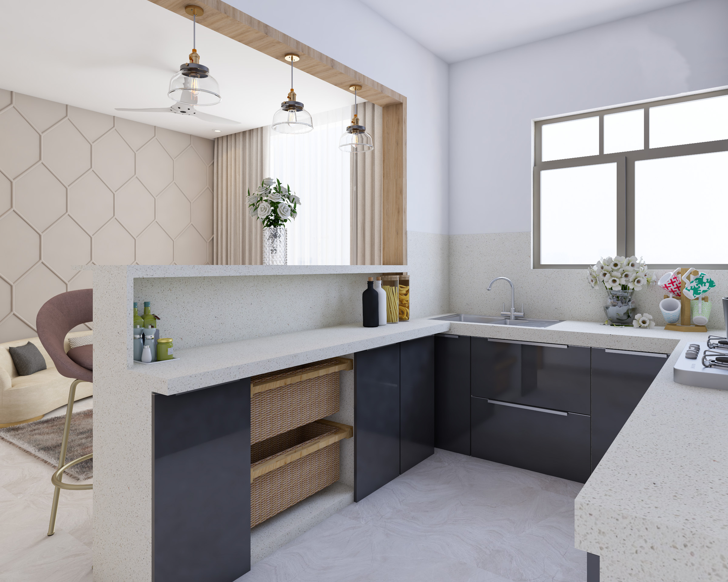 Contemporary Kitchen Design With Glossy Acrylic Cabinets | Livspace