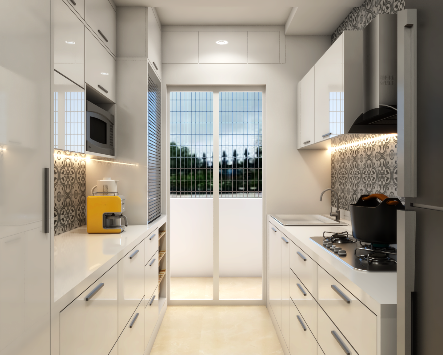 Spacious Parallel Kitchen Design With Cabinets | Livspace