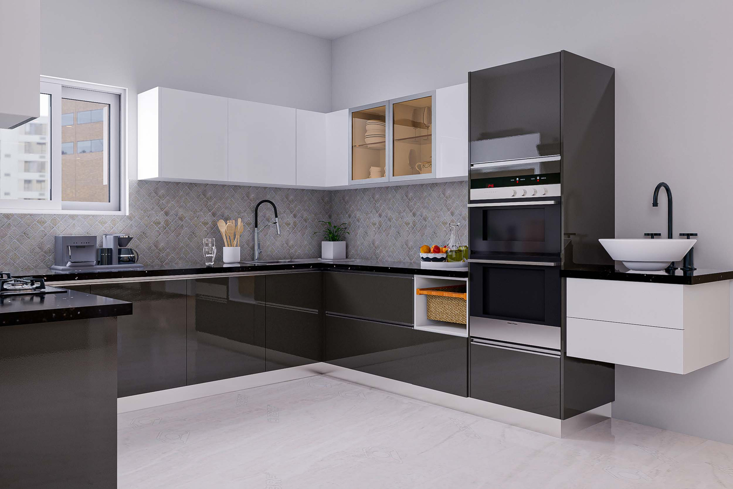 U-Shaped Modern Kitchen Design With Black Faucets | Livspace