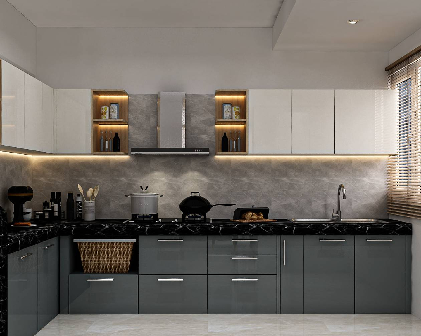 Modular Spacious Kitchen Design With Dark Colour Palette | Livspace