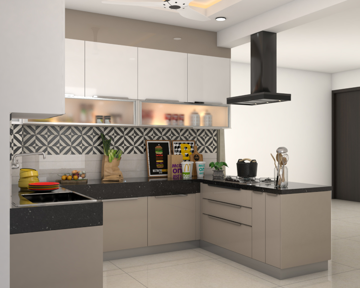 Compact U-Shaped Kitchen Design With Frosted Glass Shutters | Livspace