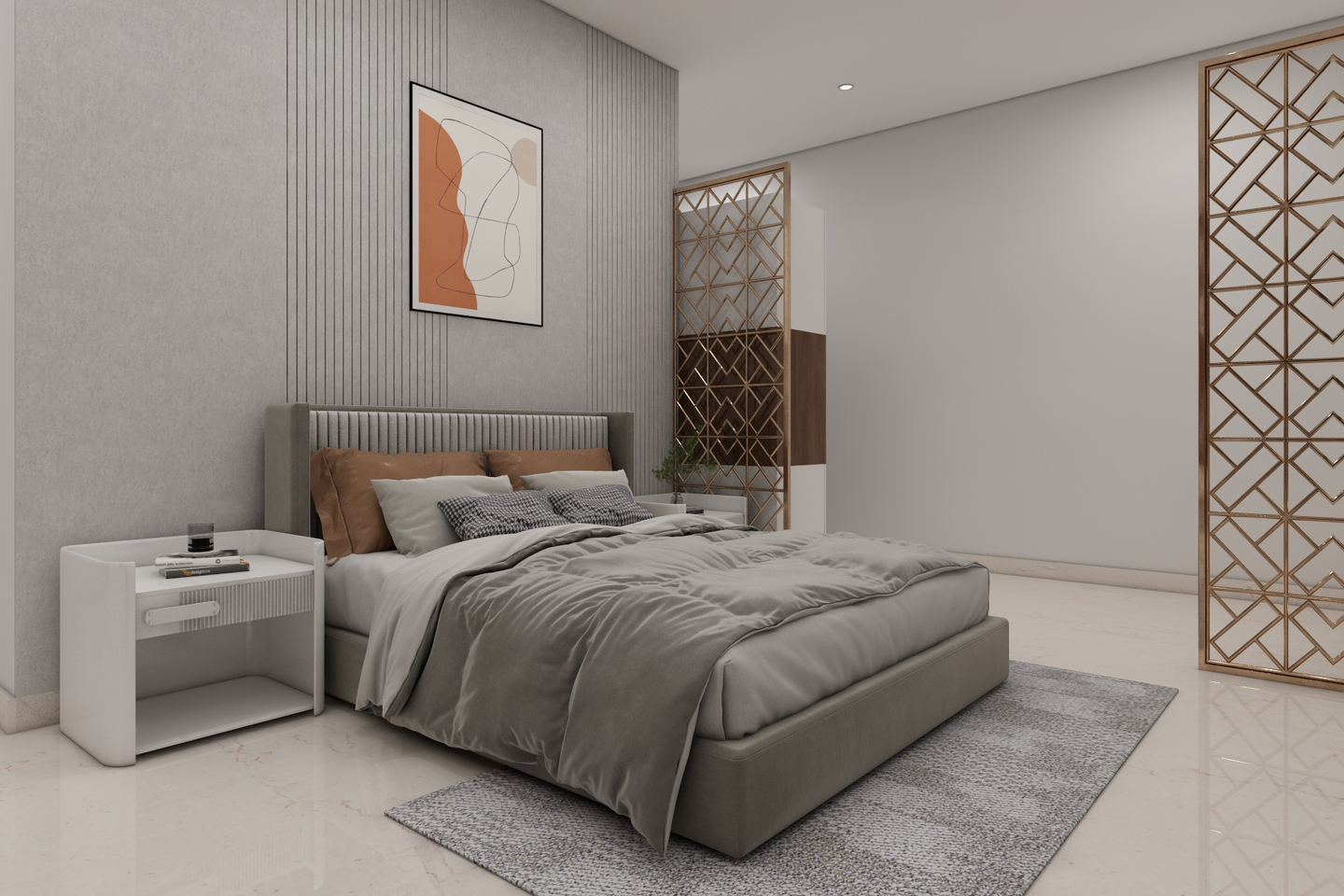 Contemporary Grey-Themed Master Bedroom Design With Golden Partition ...