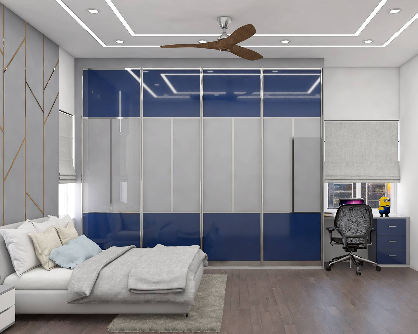 Modern Master Bedroom Design With Blue And Grey Sliding Wardrobe | Livspace