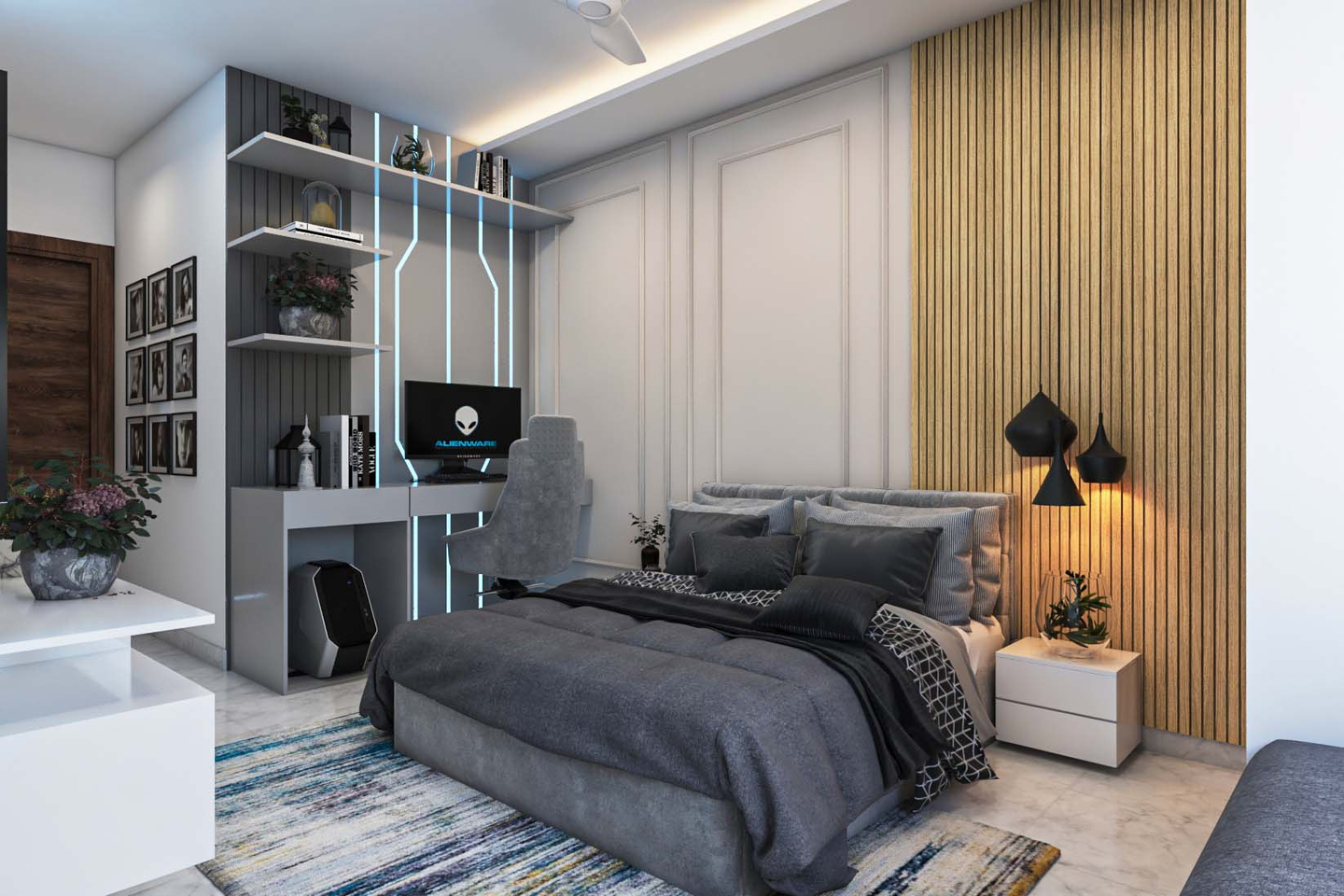 Modern Grey-Themed Master Bedroom Design with LED Lighting | Livspace