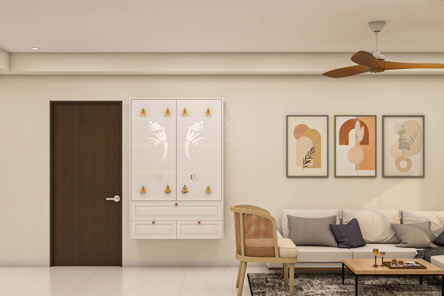 Compact White Wall-Mounted Pooja Room Design | Livspace