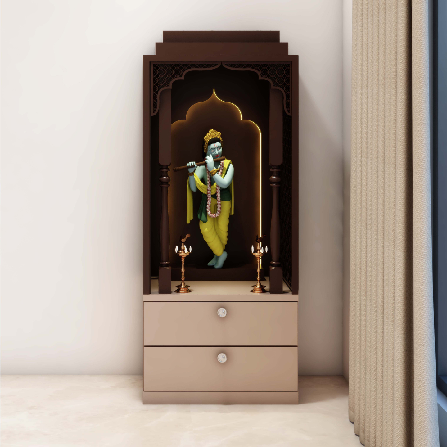 Contemporary Pooja Room Design With Drawers | Livspace