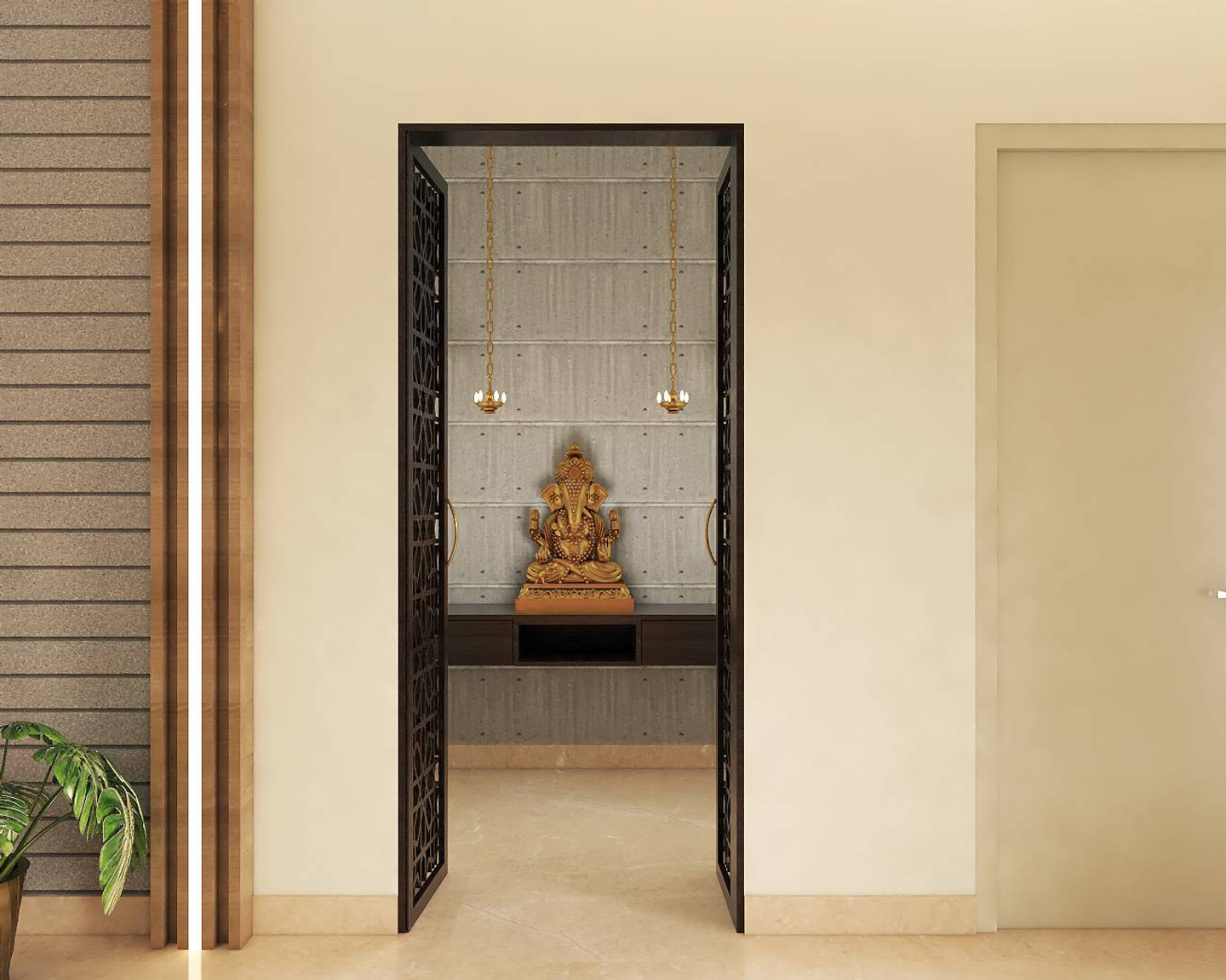 Spacious Pooja Room Design With Grey Backdrop | Livspace