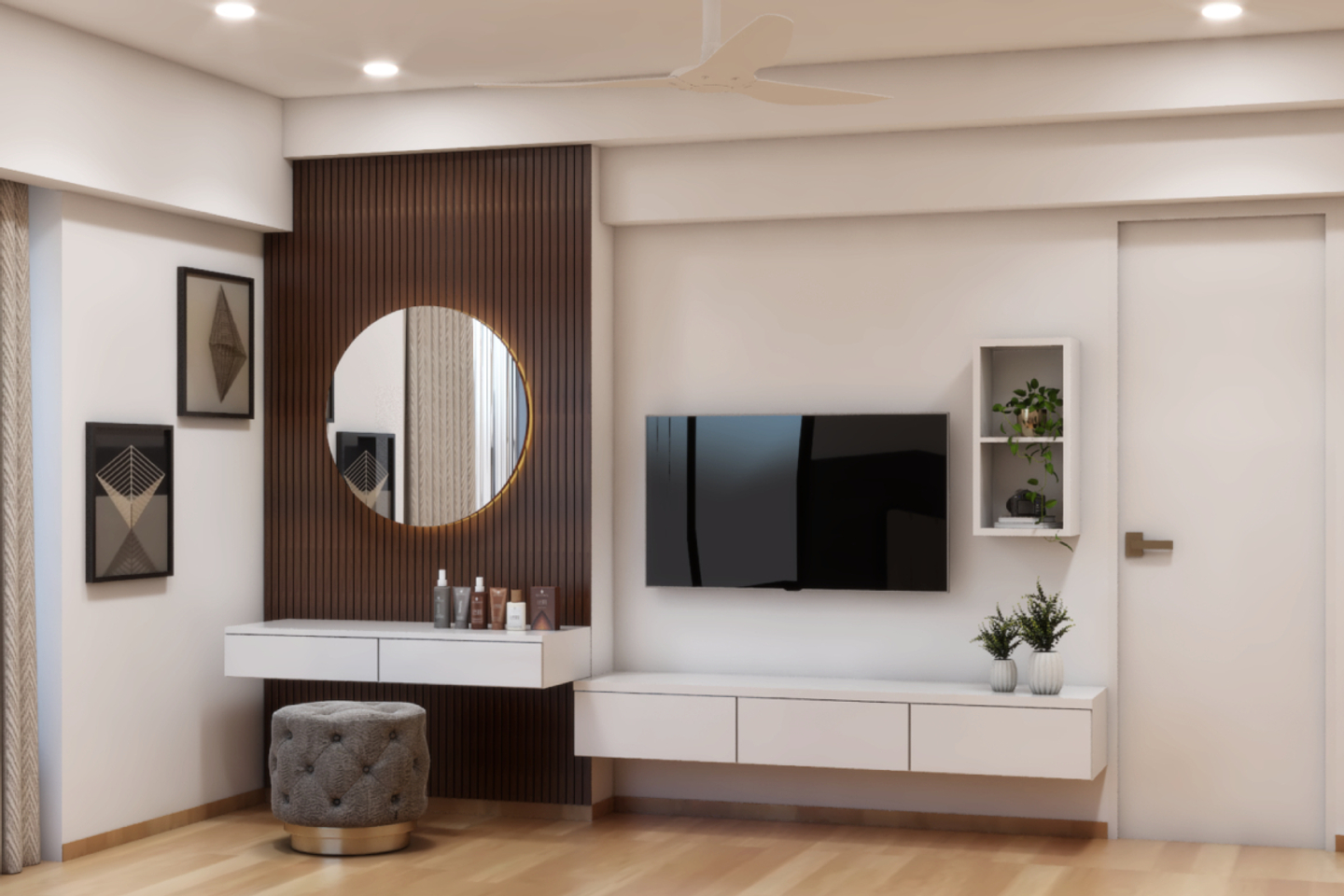 Spacious TV Unit Styled With Circular Mirror | Livspace Spacious TV Unit Styled With Circular Mirror | Livspace