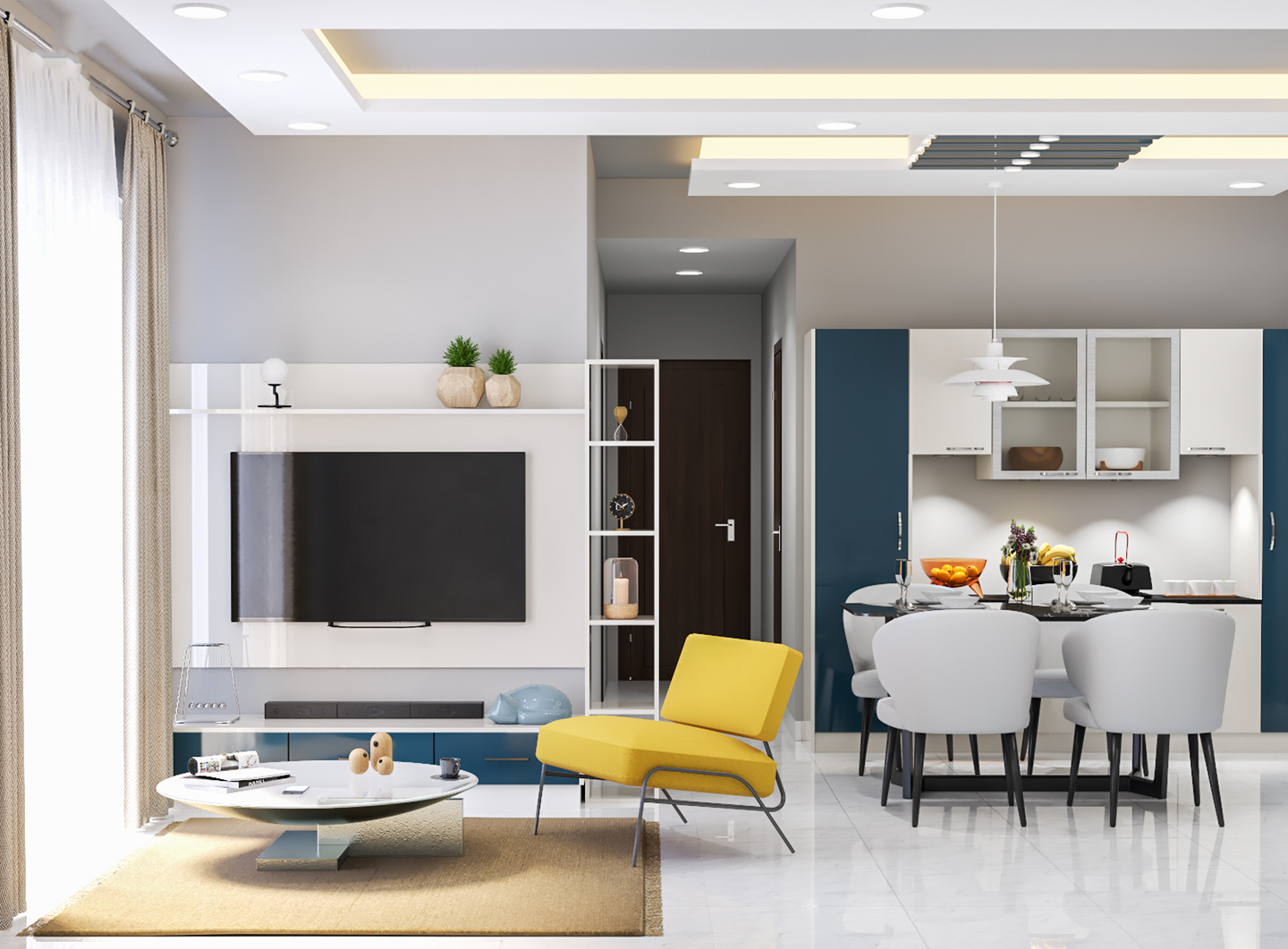 Blue And White Toned Contemporary Style TV Unit Design | Livspace