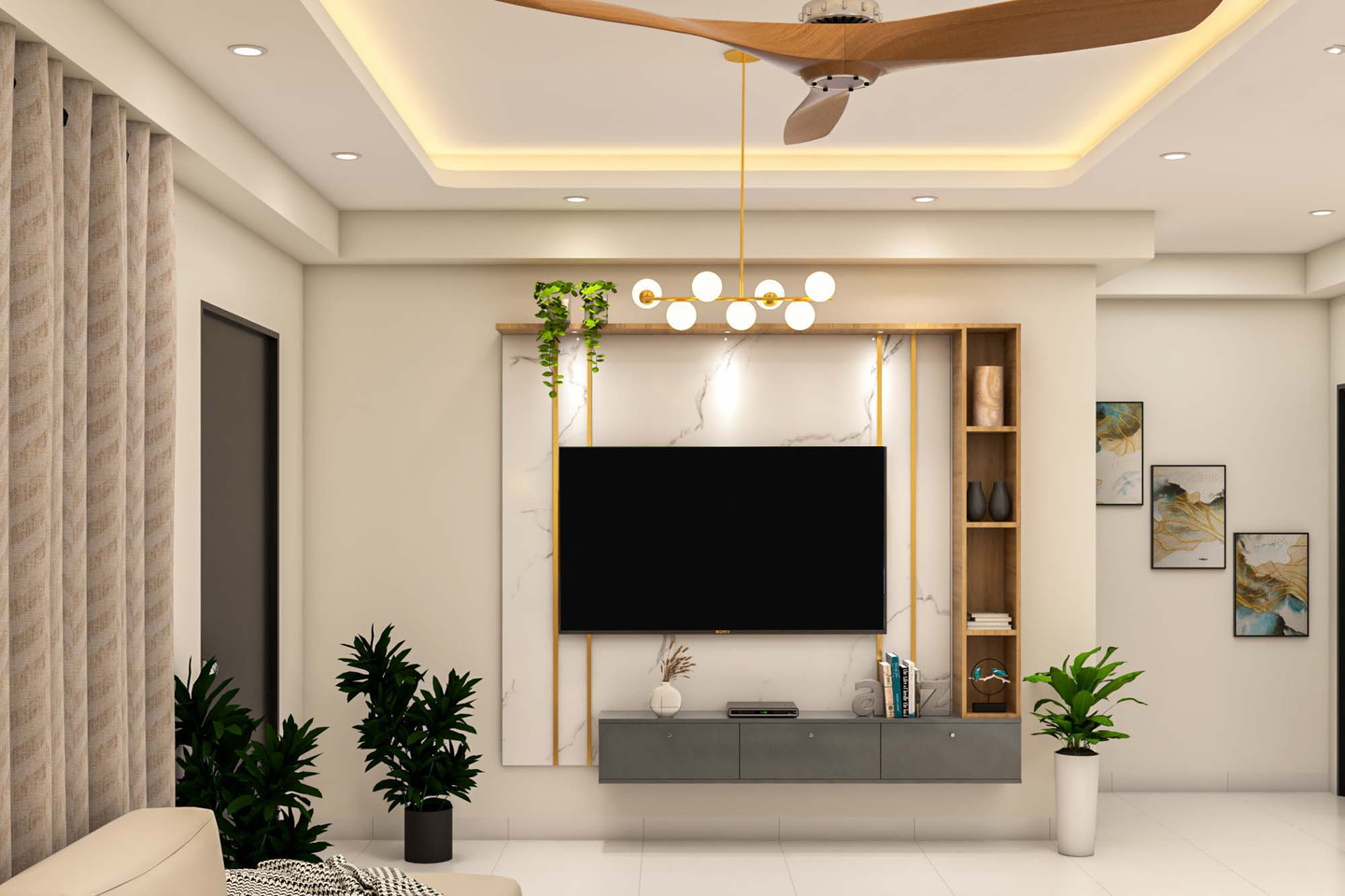 Low-Maintenance TV Unit Design With A Chandelier | Livspace