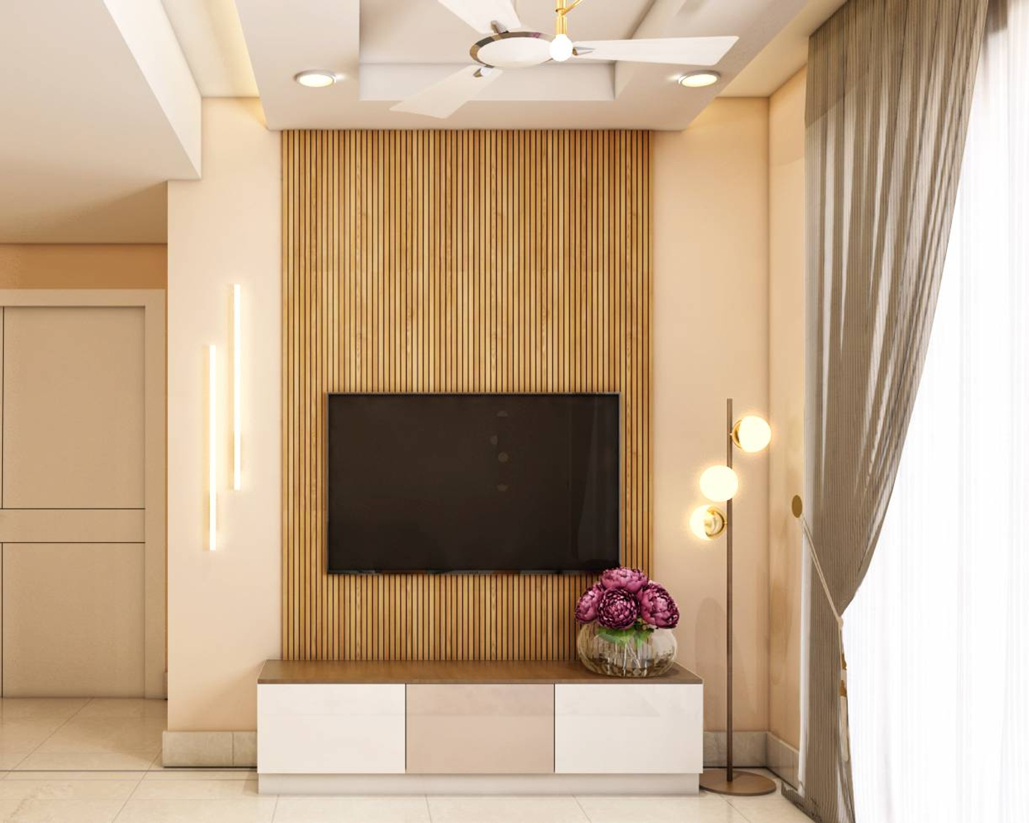 Compact Contemporary TV Unit Design With Wooden Panels | Livspace