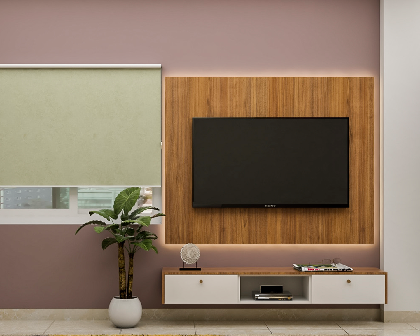 Compact TV Unit Design With Wooden Backdrop | Livspace