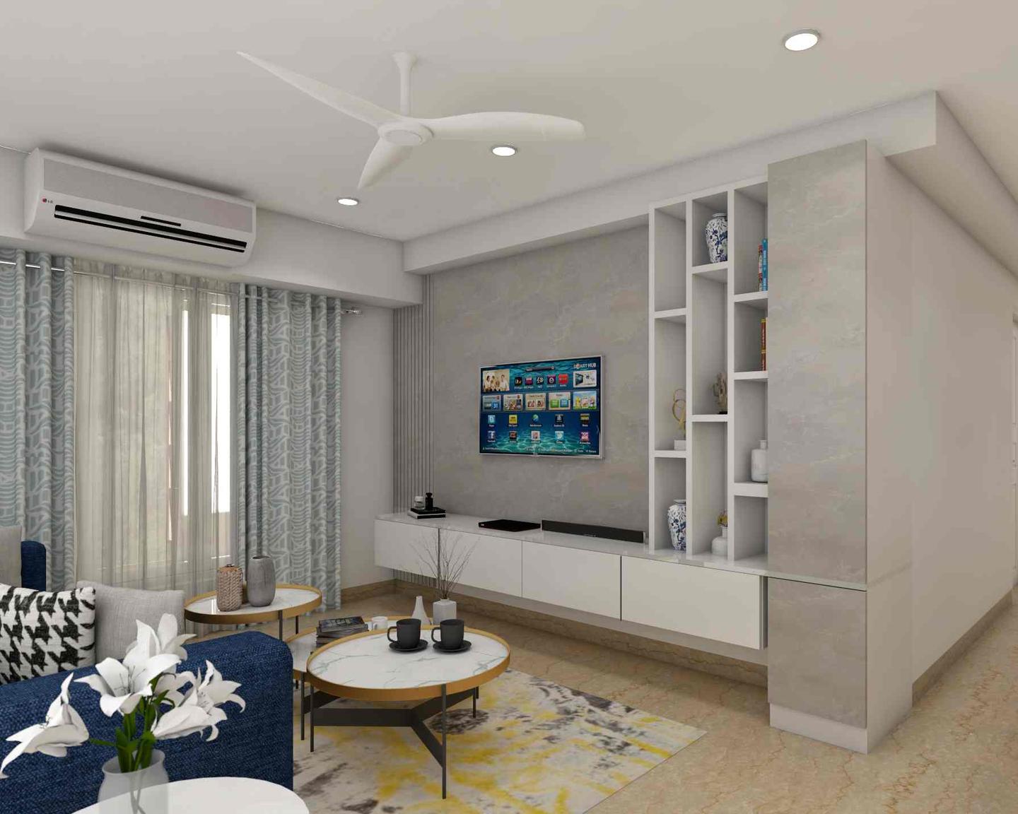 White Contemporary TV Unit Design With Shelves | Livspace