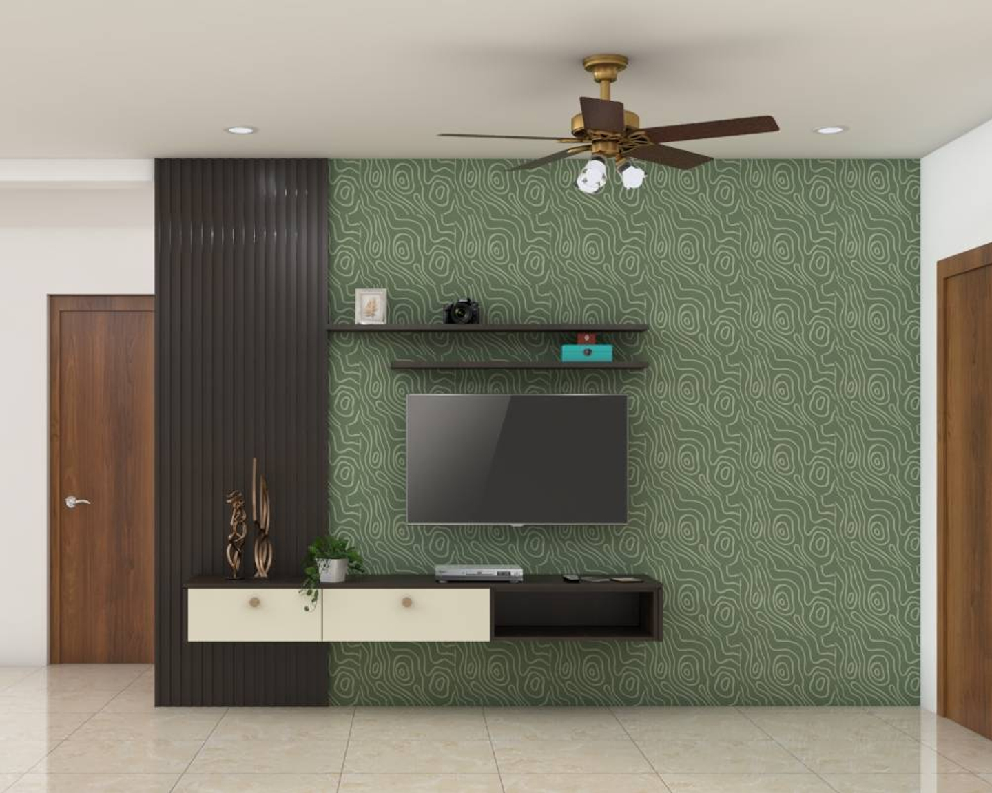 Modern Spacious TV Unit With Green Backdrop | Livspace