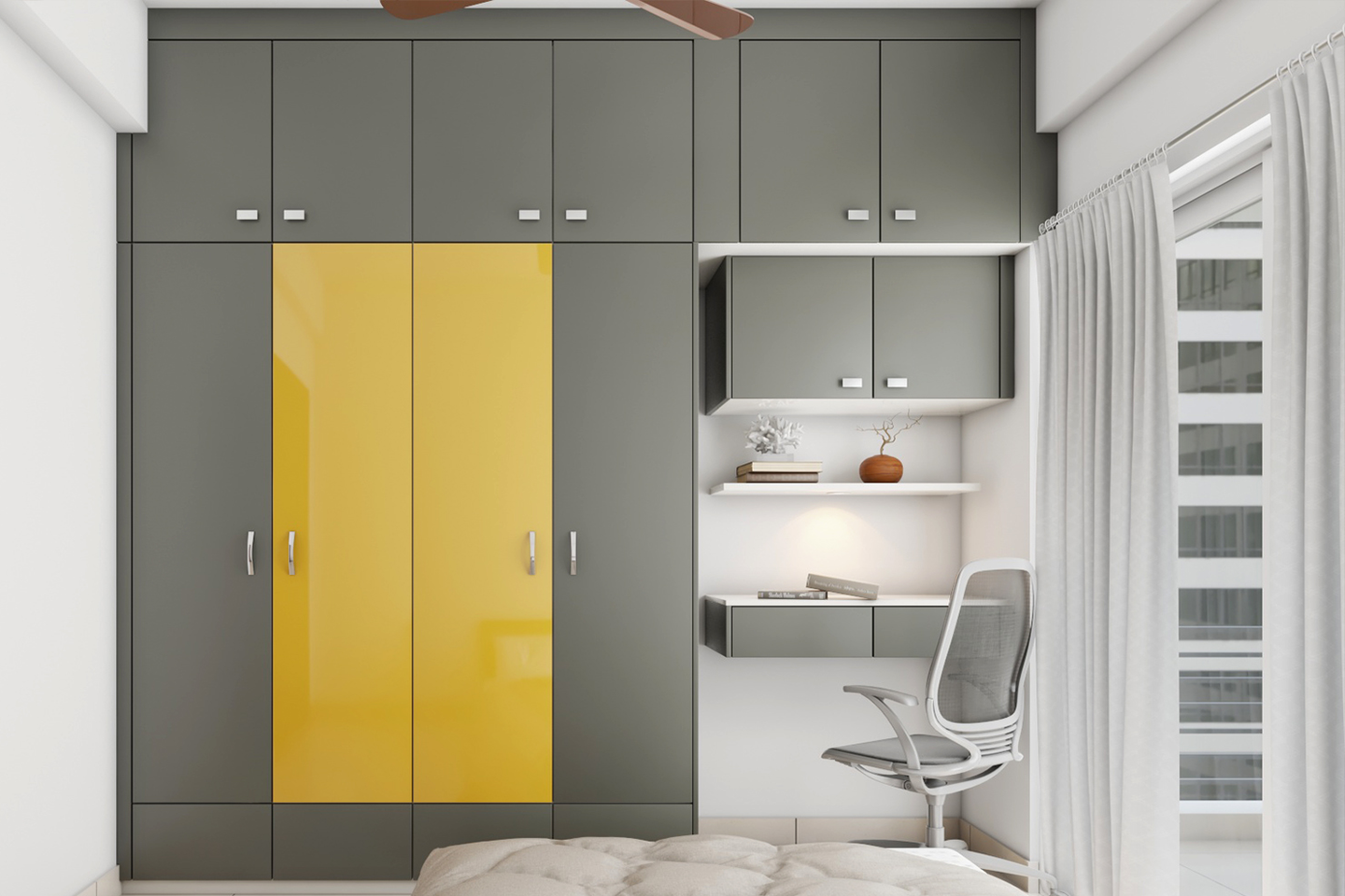 Yellow And Grey Modern Spacious Wardrobe Design With Loft | Livspace