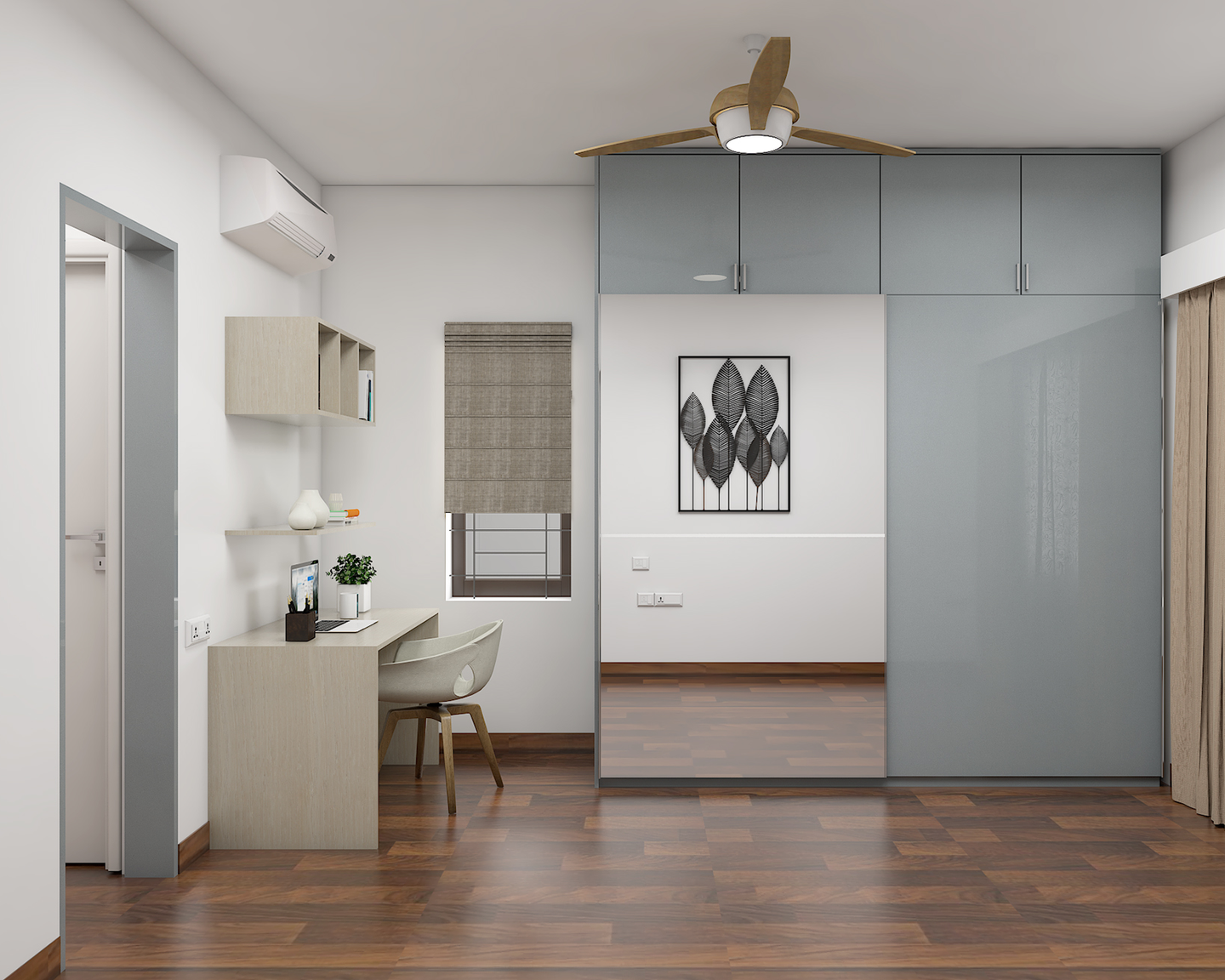 Spacious Grey Wardrobe Design With Mirrored Shutters | Livspace